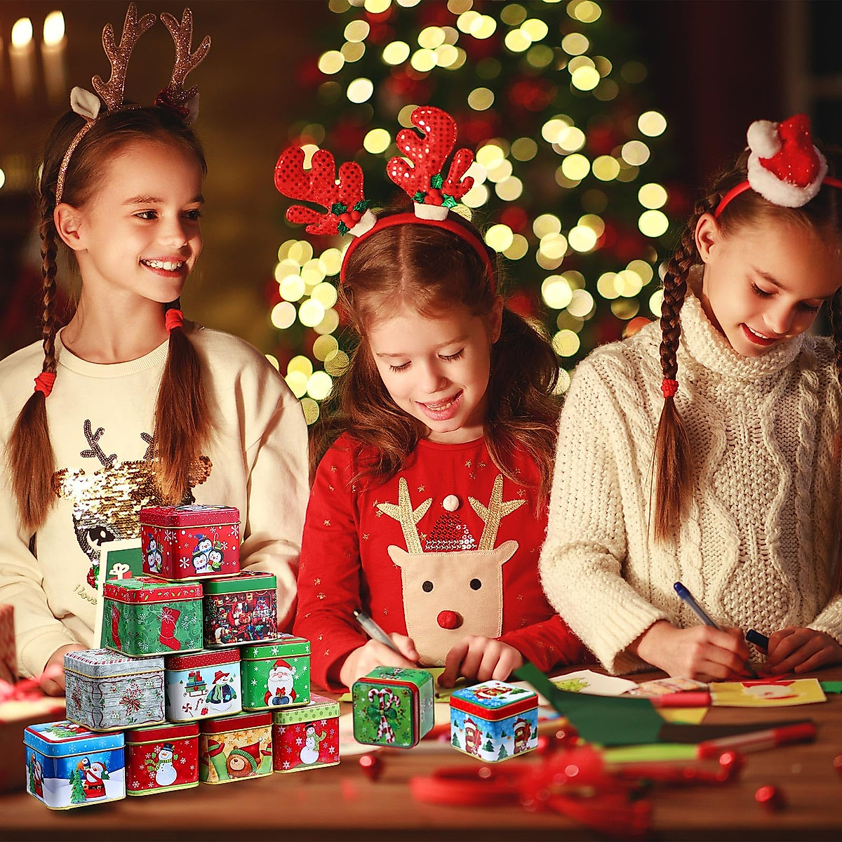 Lallisa 24 Pcs Christmas Cookie Tins with Lids 12 Styles Square Xmas Candy Tin Set Small Metal Candy Box Mini Tinplate Cookie Candy Boxes for Gift Giving Holiday Party Favors, 2.95 x 2.95 x 2.56 Inch