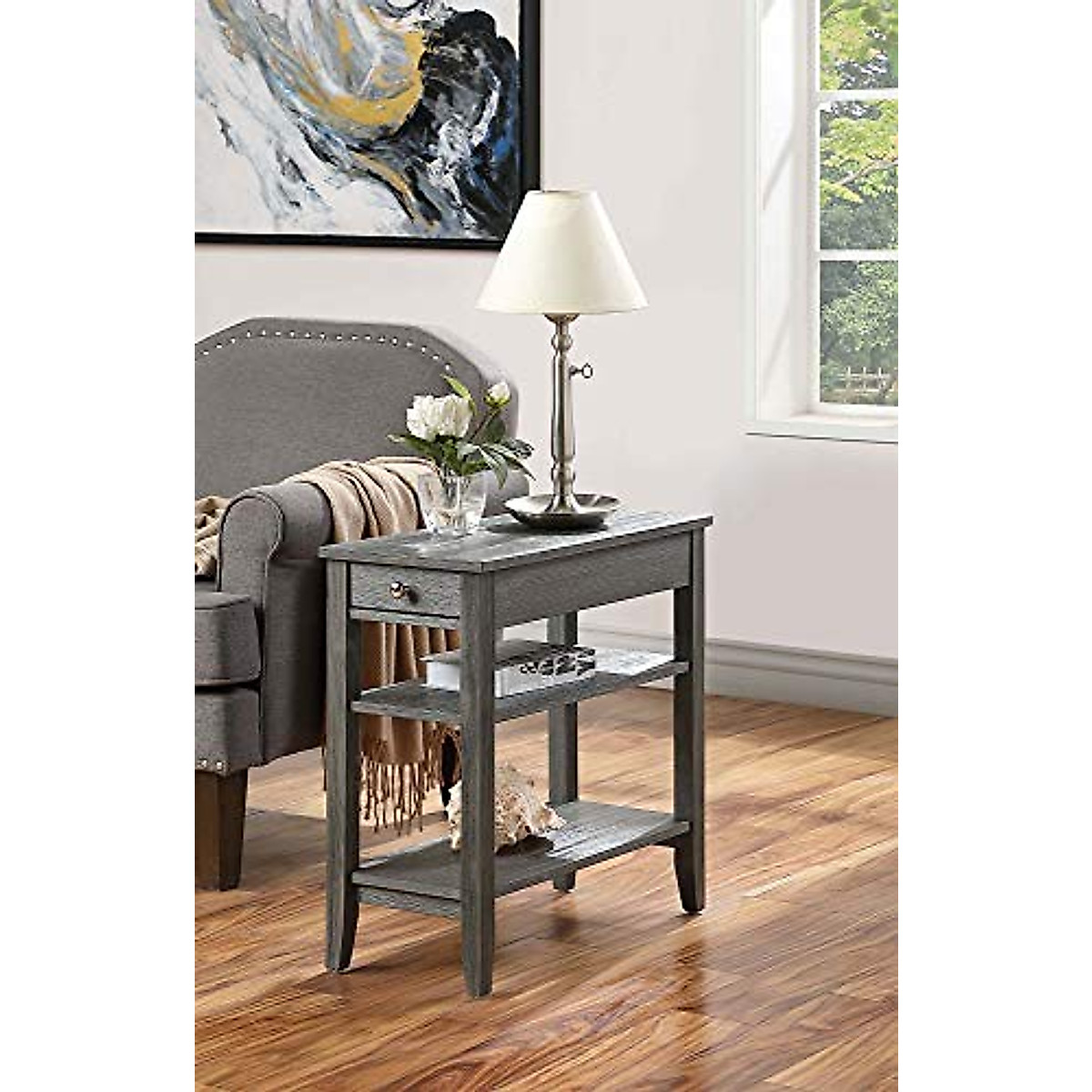 Convenience Concepts American Heritage 1 Drawer Chairside End Table with Shelves, Dark Gray Wirebrush