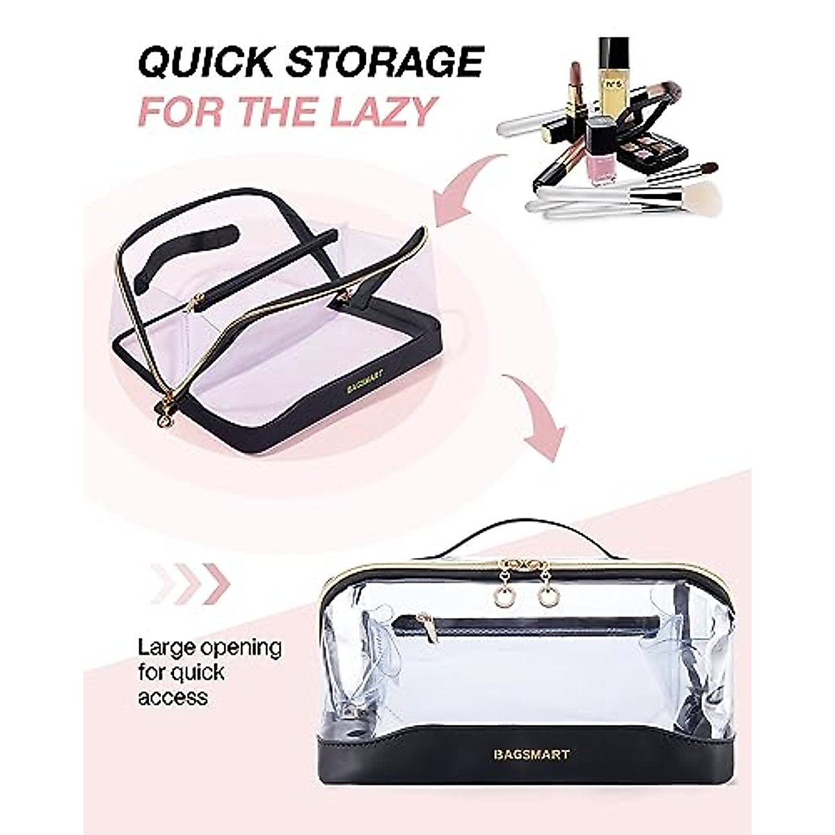 BAGSMART Makeup Bag Cosmetic Bag, Clear Travel Makeup Bag,Water-resistent Makeup Bags for Women Doram Room Essentials Portable Pouch Open Flat Make Up Organizer Bag for Toiletries, Brushes Black