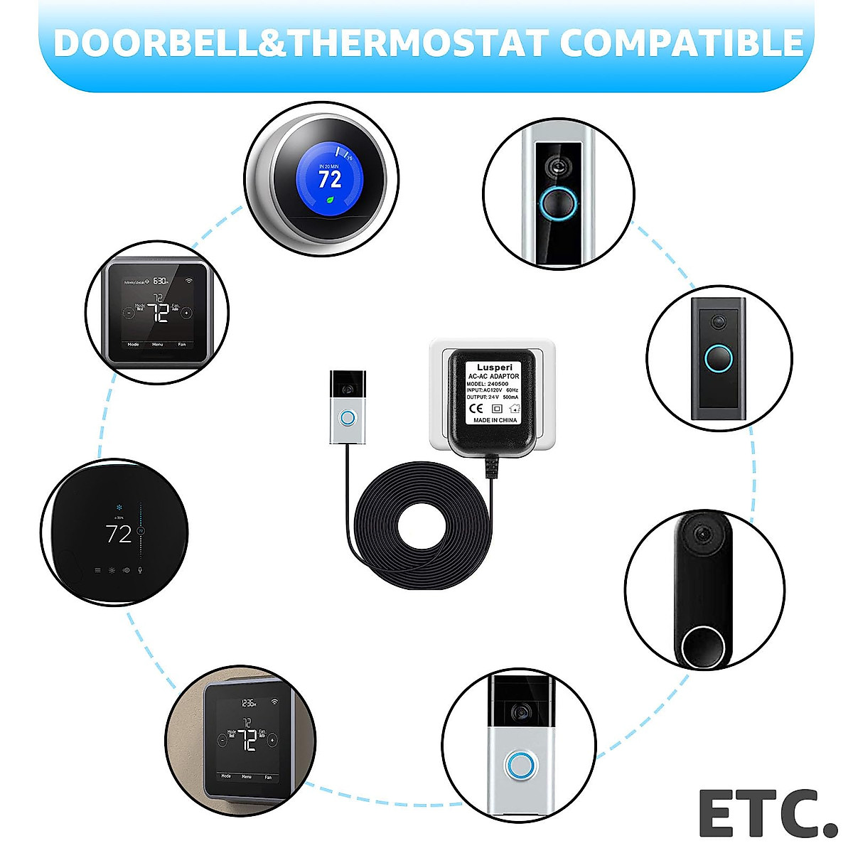 Doorbell Transformer, 24V 500MA Doorbell Power Adapter - Compatible with Ring, Wyze, Nest, Eufy, Arlo Wireless Video doorbell (with 26ft Cable Black)