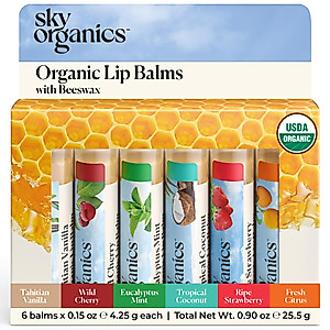Sky Organics - Organic Lip Balm Set (6-Pack) - Organic Beeswax, Botanical Oils & Extracts - Vitamin E & Organic Natural Flavors - Beauty Gift Set - All Skin Types & Cruelty Free - Lip Care & Self Care
