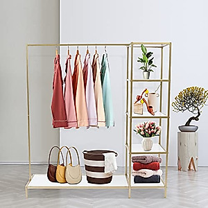 59"x63"Wardrobe Closet System Gold Clothing Rack Cothes Rack Shelf with Wood Shelves, Heavy Duty Metal Garment Rack Floor Standing Commercial Retail Display Hanging Rack for Boutiques, Bedroom