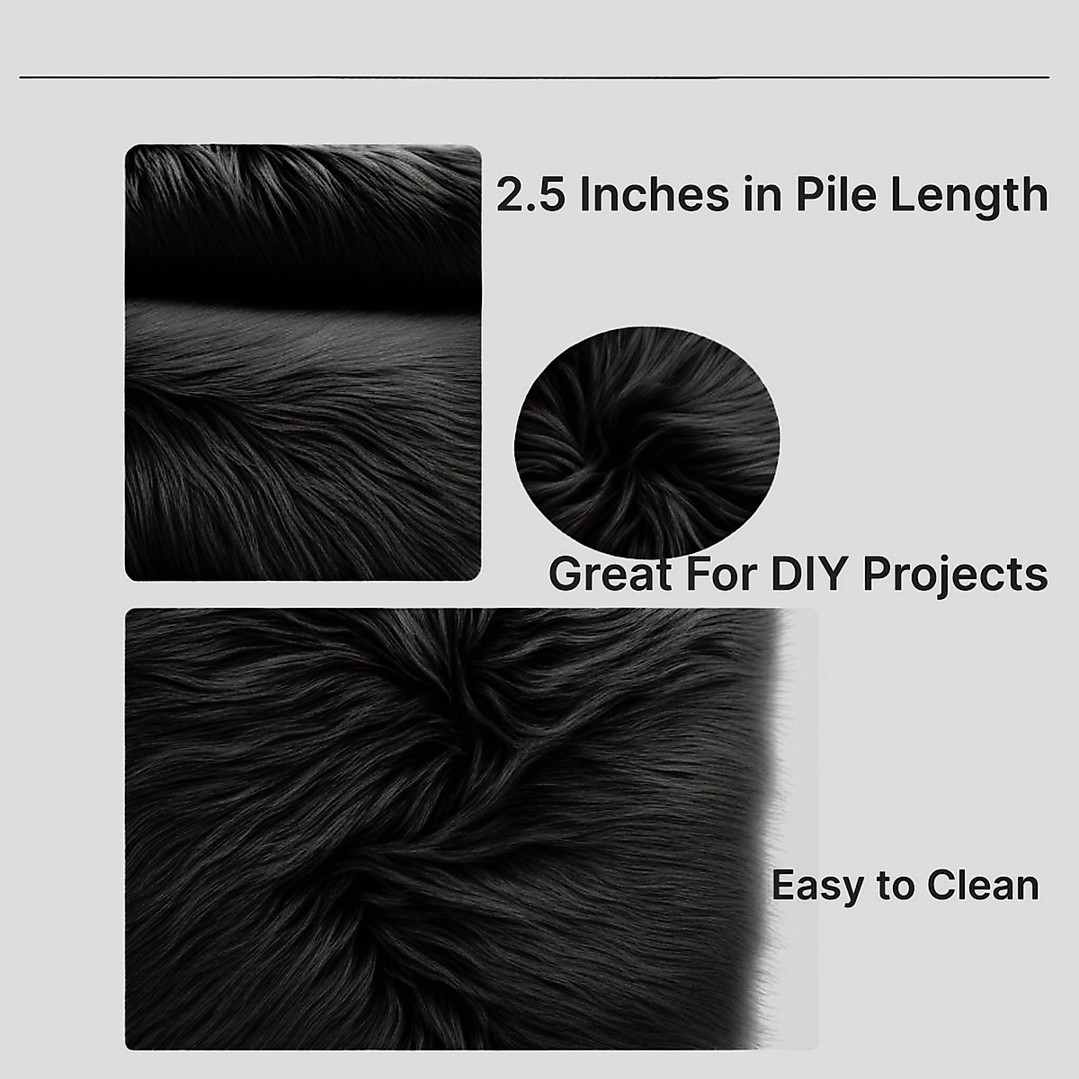 Black Fur Fabric by The Yard - Craft Fur Fuzzy Fabric - 60" inch Wide Black Faux Fur - Faux Fur by The Yard for Craft, DIY, Furry Plush, Sewing, Decoration, Upholstery, 1 Yard