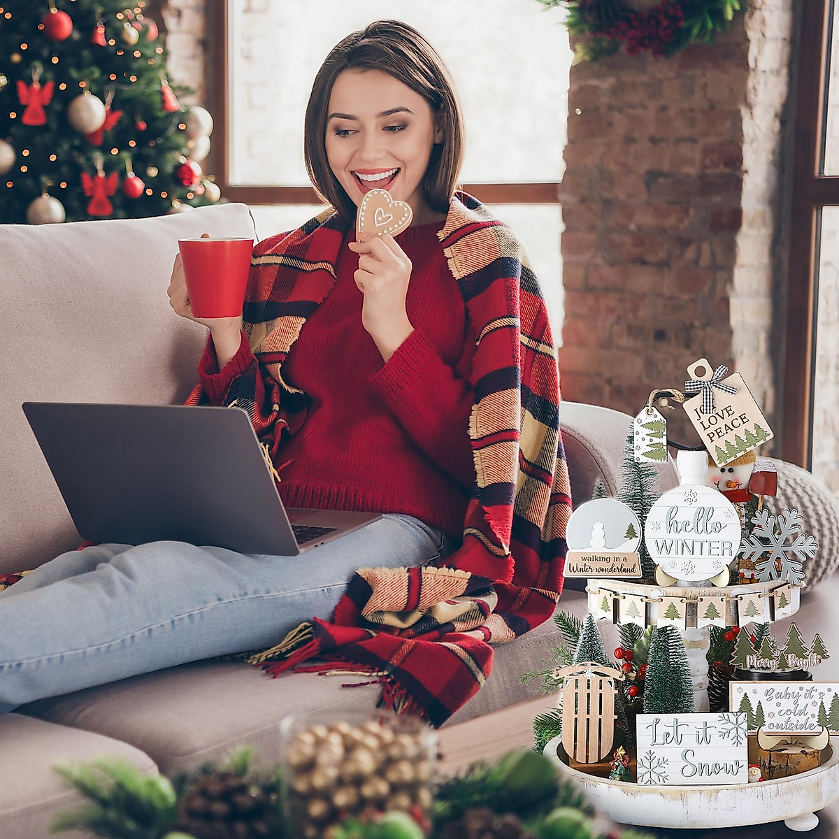 Thyle 16 Pcs Winter Tiered Tray Decor Set Wooden Winter Ornament Rustic Farmhouse Decorations for Gifting Table Home Decor