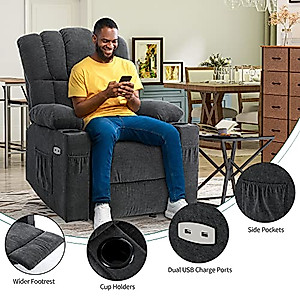 YITAHOME Glider Rocker Recliner Chair with Massage and Heat, Fabric Recliner Chair, Manual Rocking Recliner Chair with 2 Cup Holders, USB Charge Port and Side Pocket,Grey