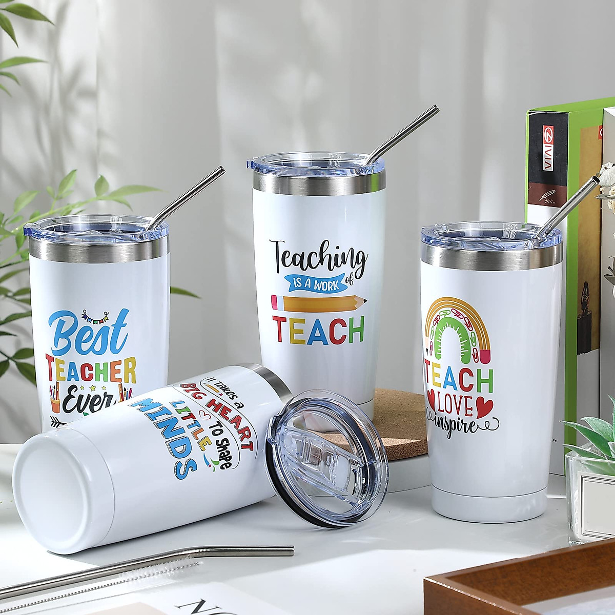 Rtteri 4 Pieces Teacher Appreciation Gifts Teacher Tumbler Bulk 20 oz Teacher Stainless Steel Tumbler Cup with Lids and Straws Brushes Thank You Tumbler Mug for Graduation Teacher Birthday Gifts