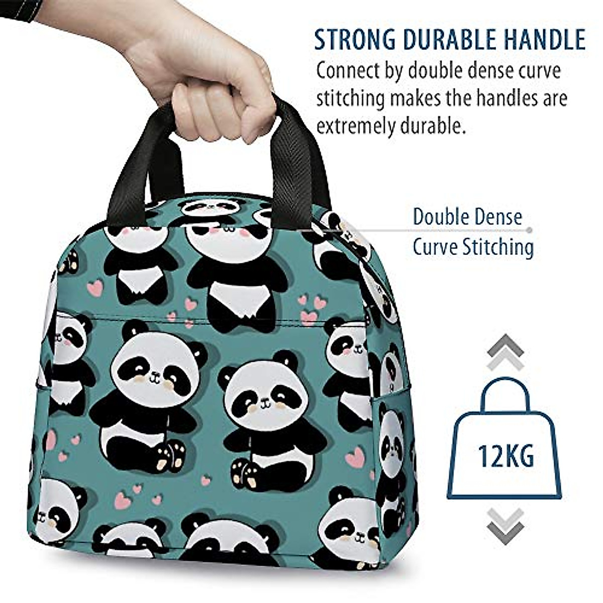Panda Lunch Bag, Cute Kids Insulated Lunch Box Reusable Cooler Tote Bag Multi-functional School Lunch Container for Teen Boys Girls (Teal)