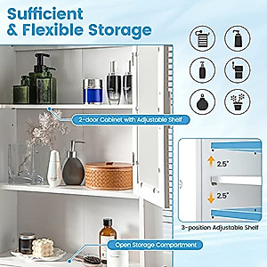 Giantex Over The Toilet Storage Cabinet, Freestanding Bathroom Cabinet w/ 2 Frosted Glass Doors, Inner 3-Position Adjustable Shelf, Open Storage Shelf, Bathroom Organizer & Space Saver, White