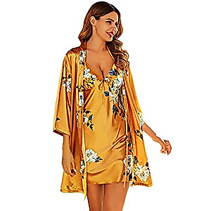 Shymay Women's Satin Pajamas Set Floral Robe and Night Dress 2Pcs Sleepwear Nightgown Set (Yellow, Small)