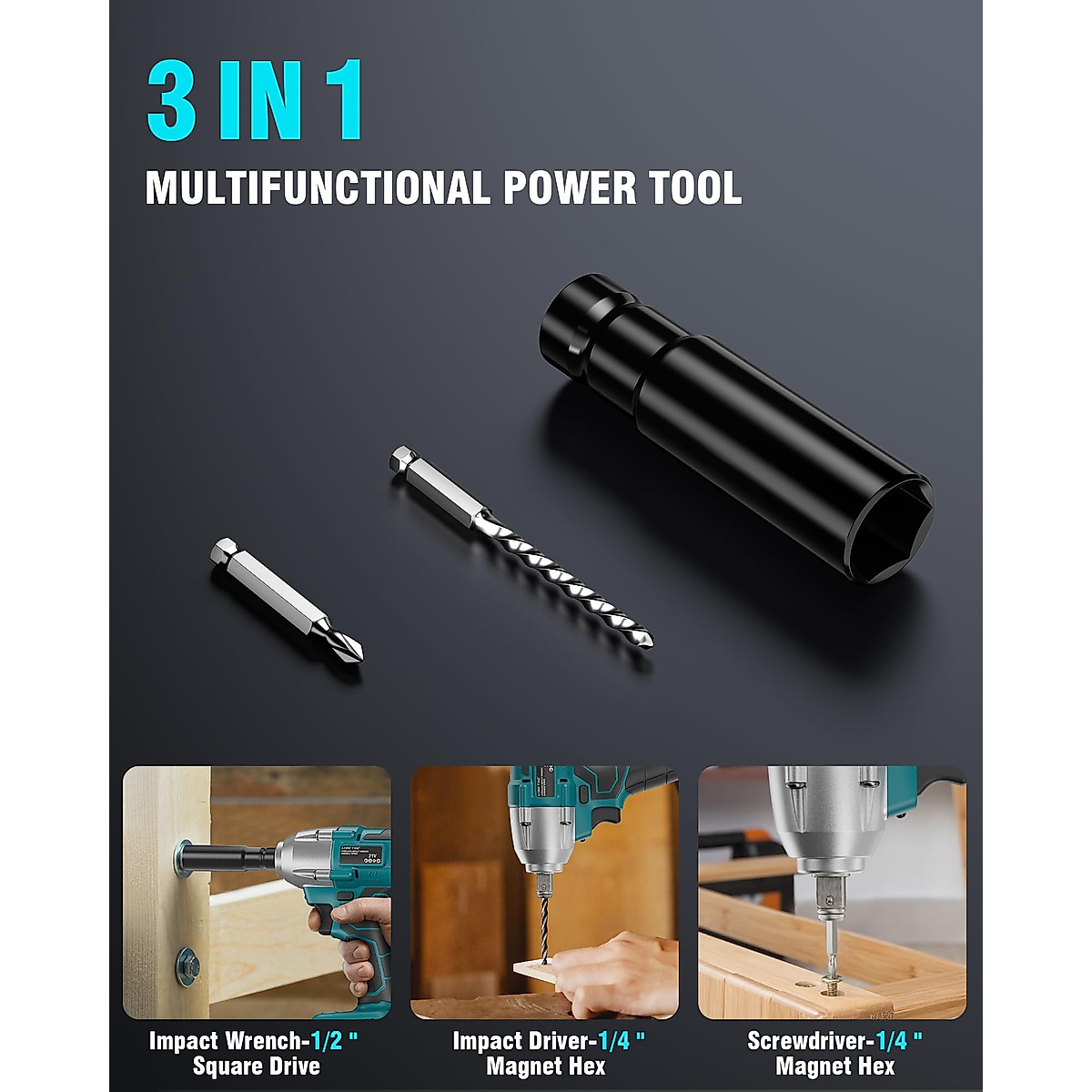 LHRETXQ 1/2 inch Cordless Impact Wrench, Torque 258ft-lbs(350N.m), 3500 RPM, 21V Electric Brushless Power Impact Gun for Lug Nuts with 2.0Ah Battery, 1/4 inch Impact Driver, Charger & Kit Case