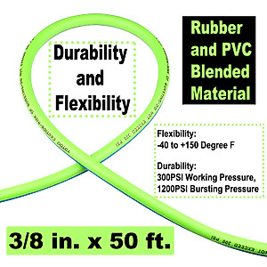 YOTOO Air Hose 3/8 in x 50 ft, Heavy Duty Hybrid Air Compressor Hose, Flexible, Lightweight, Kink Resistant with 1/4" Industrial Quick Coupler Fittings, Bend Restrictors, Green+Blue
