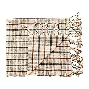 Bloomingville Woven Recycled Cotton Blend Plaid Tassels, Charcoal Color & Brown Throw, Charcoal & Brown