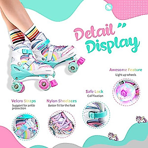 SULIFEEL Rainbow Unicorn 4 Size Adjustable Light up Roller Skates for Girls Boys for Kids Medium