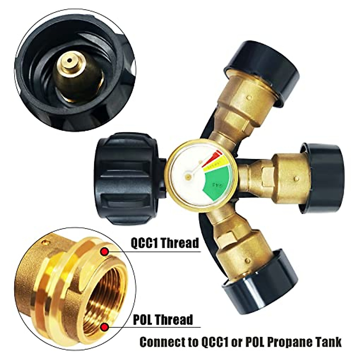 NQN Upgraded 3 Way Propane Splitter QCC/POL with Gauge and Shut-Off Valve, Propane Tank 3 Y Splitter Adapter, Propane LP Tank Fuel Tee Gauge Adapter Fitting 3 Way Propane Gas Splitter for Propane Tank