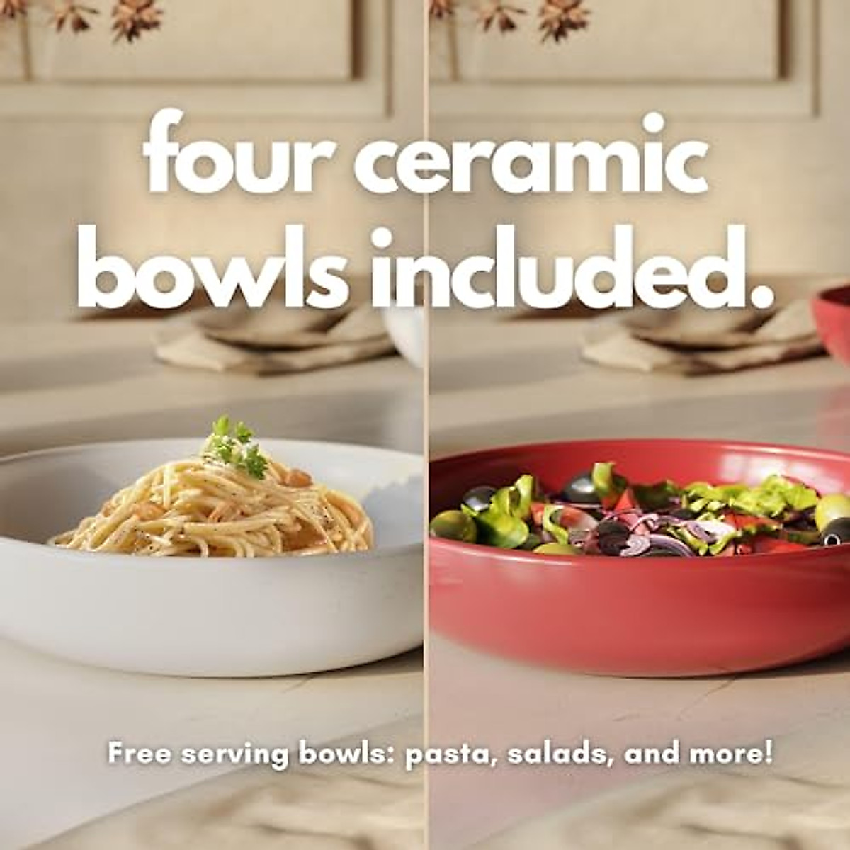 Ziruma Salad Bowls, Wooden Salad Bowls Set, Large White Oak Wood Serving Bowl for Fruits, Salad, 10.2" Big Salad Bowl with American Walnut Serving Utensils. Ceramic Serving Bowls Included