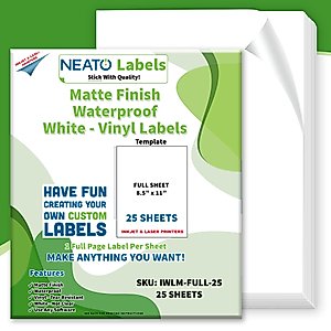 Custom Printable Matte Vinyl Stickers - 25 Sheets - Waterproof, Tear Resistant Full Sheet Label for Inkjet & Laser Printers & All Cutting Machines - 8.5 x 11" - Customizable Blank White Stickers