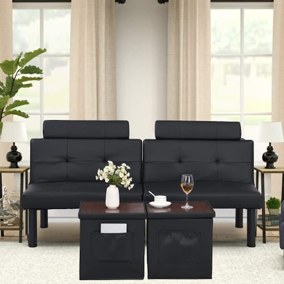 Small Faux Leather Futon Sofa Bed Adjustable Convertible Sleeper Sofa for Living Room, Apartment, Dorm w/Storage Ottoman Coffee Table Bench, Lumbar Pillows and Folding Recliner (Black Sofa Bed)