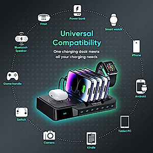 Charging Station Organizer for Multiple Devices，Welnotti 7-Ports USB Fast Charger Ports Wireless Charge Compatible with Cell Phone,iPad,iWatch,Tablets,for Home (Black)