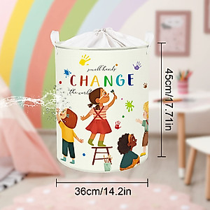 Clastyle 45L Small Hands Change The World Kid Laundry Basket Colorful Inspirational Quote Rainbow Nursery Hamper with Drawstring Round Toy Clothes Storage Basket for Back to School