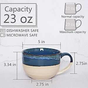 Bosmarlin Ceramic Jumbo Coffee Mug Set of 2, 23 Oz, Large Mug Soup Bowls with Handles, Dishwasher and Microwave Safe (Prussian Blue)