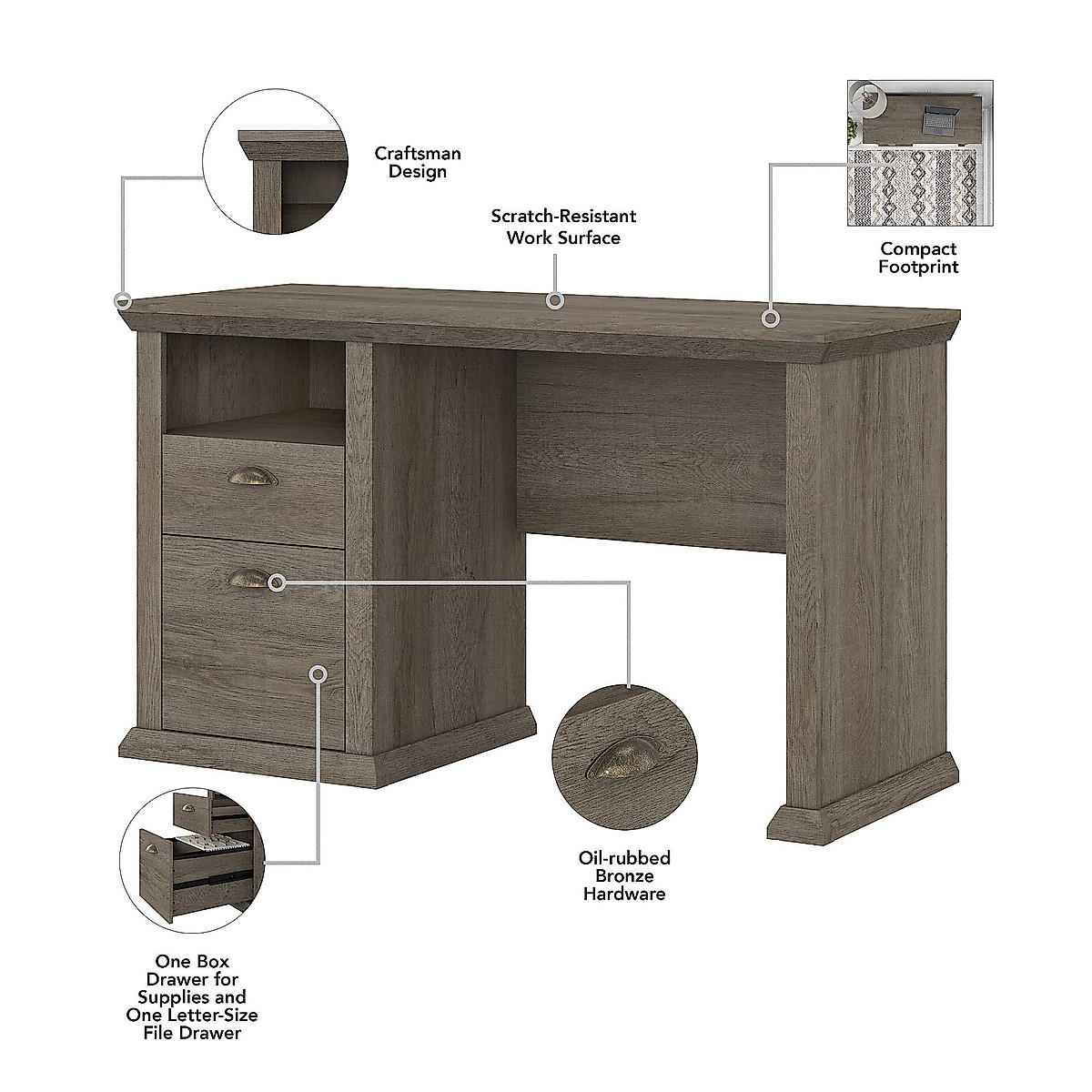 Bush Furniture Yorktown Home Office Desk with Lateral File Cabinet and 5 Shelf Bookcase, 50W, Restored Gray