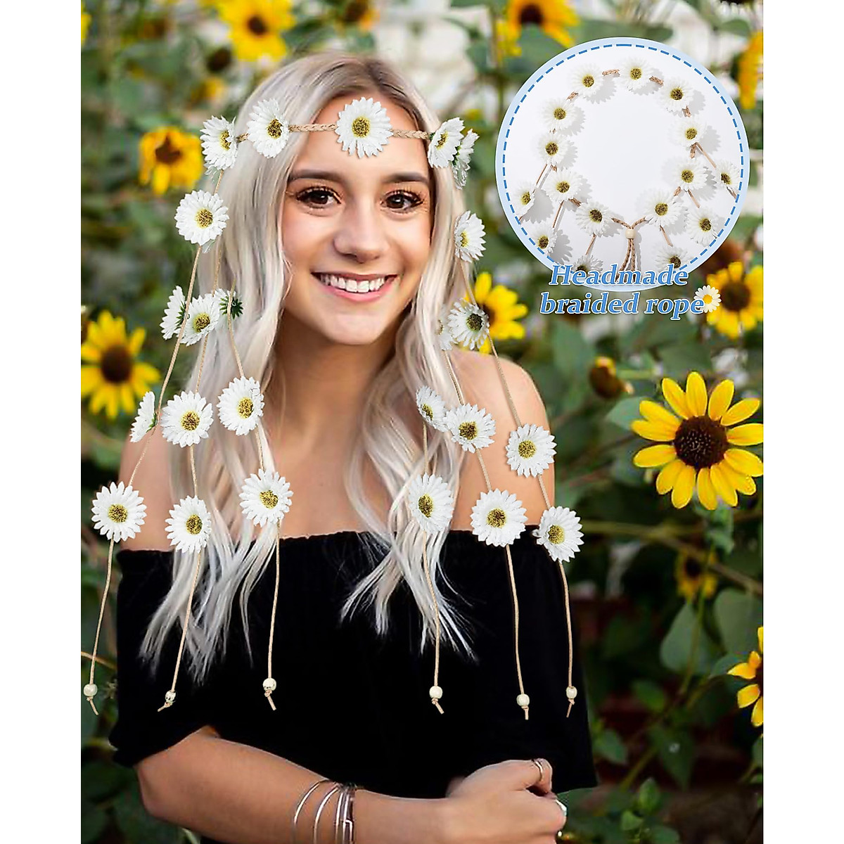 CHLINS Hippie Headband Flower Crown Bohemian Sunflower Headband Flower Headpiece Hippie Costume 60s 70s Outfits for Women (White)