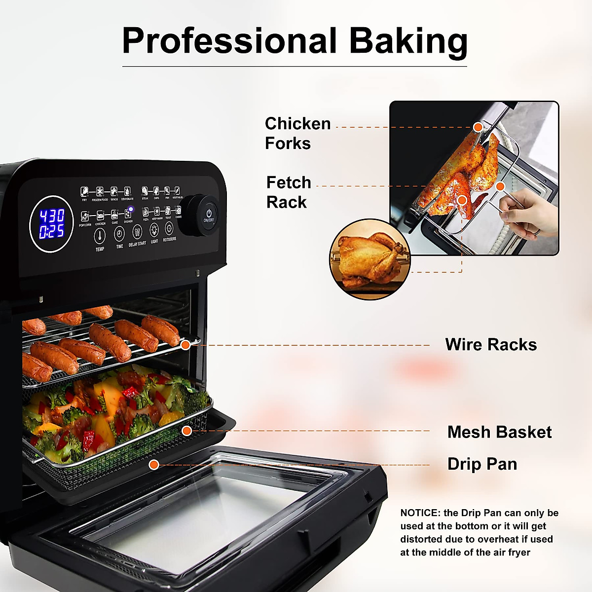 Calody 12.7 QT Air Fryer, 16-in-1 Air Fryer Toaster Oven Combo with One-Touch Preset Cooking Functions, LED Display Screen, Visible Window, Recipe and 6 Accessories Included, 1600W
