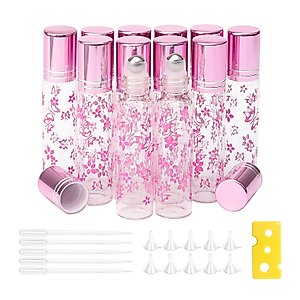 JIUWU 10ml/0.34oz Refillable Glass Roller Bottles, Pink Glass Roll on Bottles Empty Essential Oil Perfume Glass Sample Vials, with Funnel Dropper Opener, Pack of 12