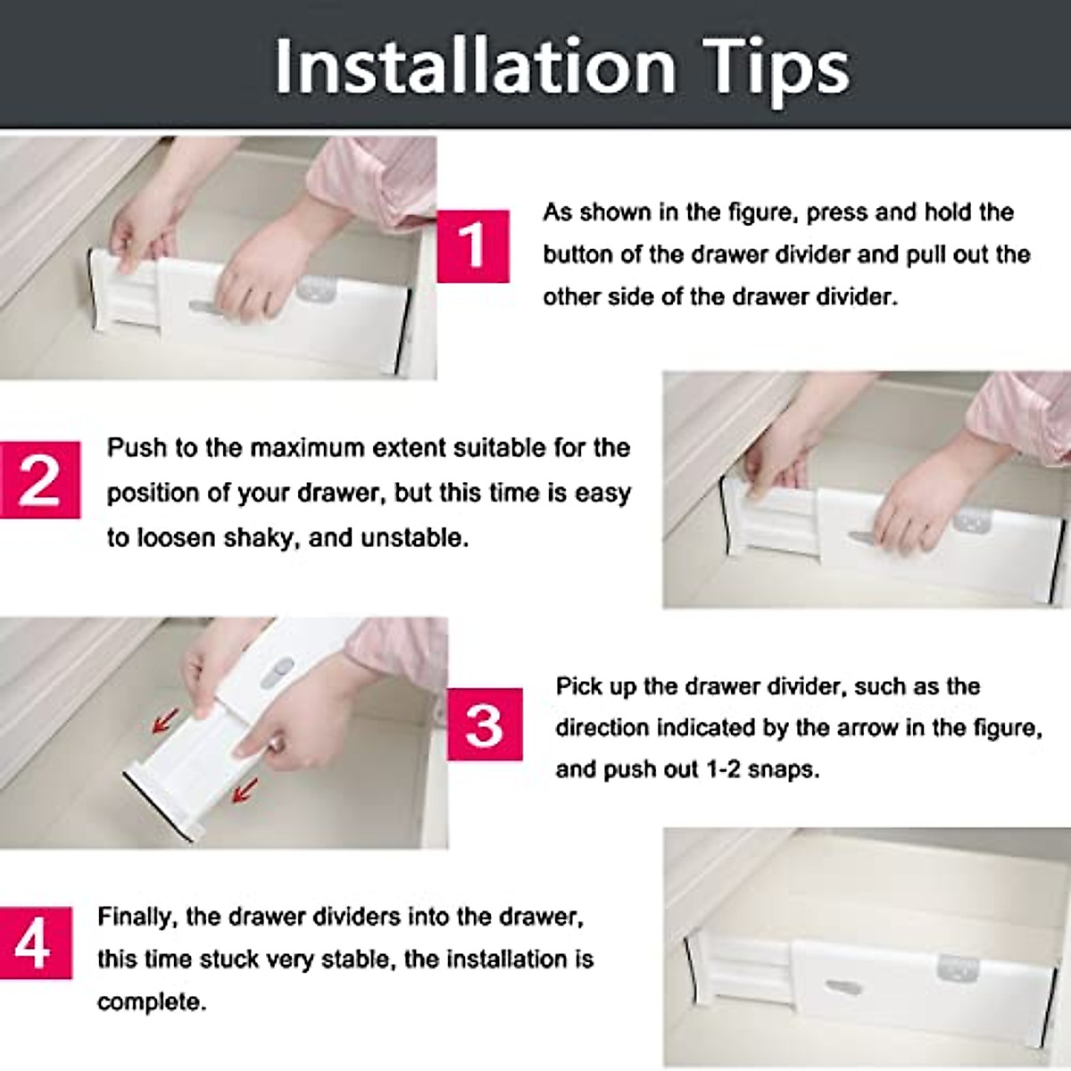 Drawer Dividers Pack of 8, Plastic Adjustable and Expandable Drawer Organizer Clothes, Deep Drawer Organizer, Works in Kitchen Utensils Organizer, Dresser Drawer Separators, 4'' High, 11-17.5'', White