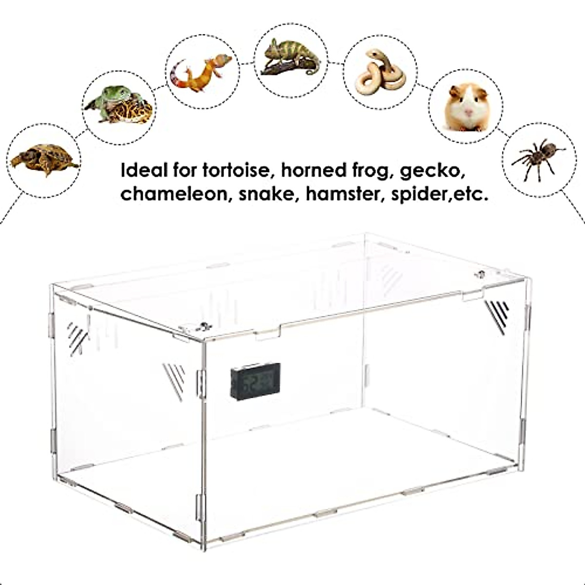 PetierWeit Reptile Terrarium Acrylic Reptile Tank with Temperature Hygrometer 15.3"x9.7"x7.6" Large Reptile Breeding Box Suitable for Tortoise, Horned Frog, Gecko, Chameleon, Snake, Hamster, Spider