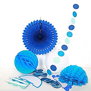 Decor365 Under The Sea Theme Blue Party Decorations Circle Garlands Paper Fan Flower Tissue Pom Poms Decoration Hanging Decor for Ocean Coastal Beach Baby Shower Boy Birthday Wedding Kids Room