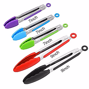 Kitchen Tongs with Silicone Tips - ForTomorrow Set of 5, 7 9 Inch Premium Silicone Tipped Tongs for Cooking Heat Resistant, Serving Food, BBQ