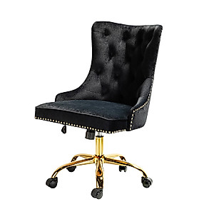 TINA'S HOME Velvet Armless Office Chair with Gold Base & Nailhead Trim, Modern Tufted Upholstered Desk Armchair Swivel Adjustable, Cute Wingback Computer Task Vanity Chair for Women, Black