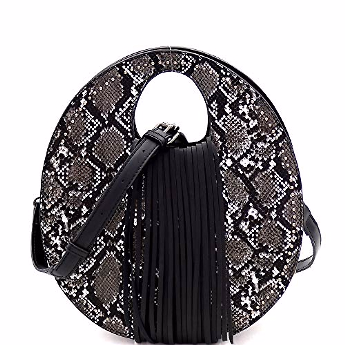 Snake Print Fringed Cut-out Handle 2-Way Medium Satchel Bag Purse Clutch Crossbody (Dark Silver Hardware - Black)