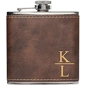 Personalized Flask For Wedding Gift. Customized Flask Gift Set. Engraved Leatherette Flask With Optional Gift Box For Groomsmen Gifts. Engraved Flask (Rustic & Gold)
