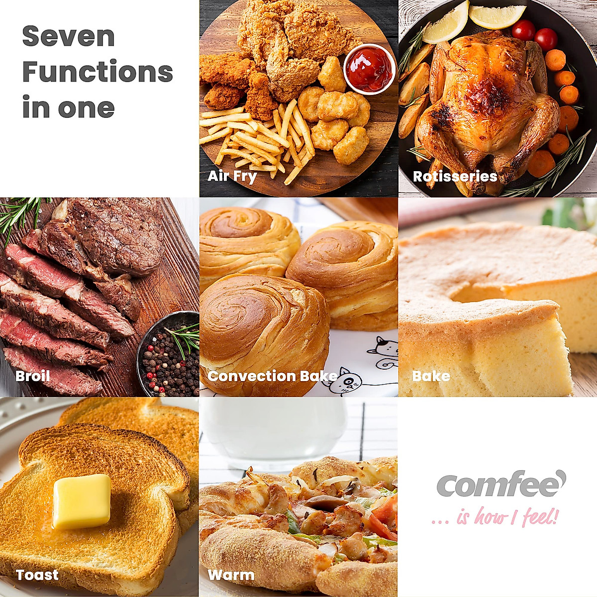 COMFEE' Retro Air Fry Toaster Oven, 7-in-1, 1500W, 19QT Capacity, 6 Slice, Rotisseries, Warm, Broil, Toast, Convection Bake, Black, Perfect for Countertop