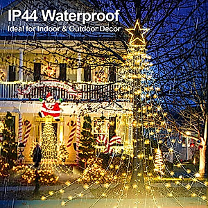 Outdoor Christmas Lights Star Curtain Lights Christmas Tree String Lights Plug in 335 LED with Topper Star Waterfall Hanging Lights Warm White & Multi-Color Changing for Xmas Gazebo Garden Yard Decor