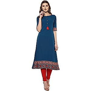Janasya Indian Women's Tunic Tops Crepe Kurti For Women(JNE2100-KR-144-L) Turquoise
