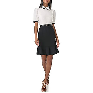 Karl Lagerfeld Paris Women's Belted Color Bloack Collared Dress, Soft White Black, 10