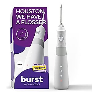 BURST Water Flosser for Teeth Cleaning – Cordless Water Flosser Picks for Plaque Removal Between Teeth, Braces & Dental Work – Electric & Portable Water Floss – Refillable 110mL Tank, 3 Modes – White