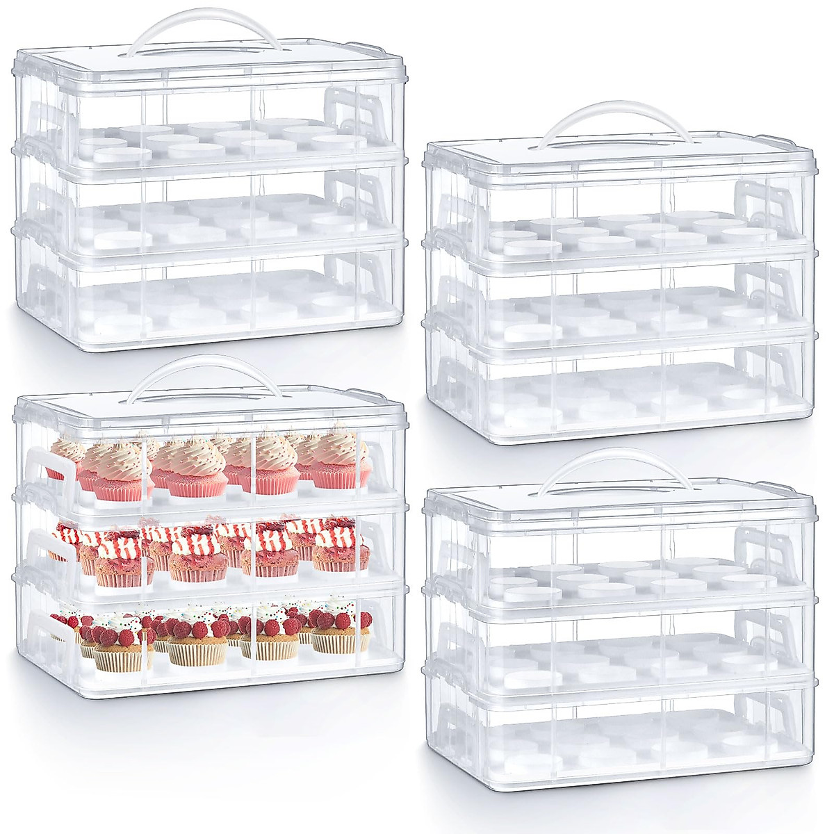 Bokon 4 Pcs 3 Tier Cupcake Carrier Stackable Cupcake Holder with Lid and Handle Plastic Cupcake Transport Container Cupcake Storage for Holding 36 Cupcakes or 3 Large Cakes, Clear