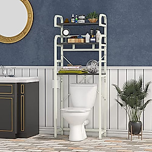 Gyfimoie Over The Toilet Storage Shelf, 3-Tier Metal Bathroom Organizer Rack, Modern Freestanding Space Saver with Adjustable Bottom Bar,4 Hooks & Paper Holder for Laundry Bathroom Balcony