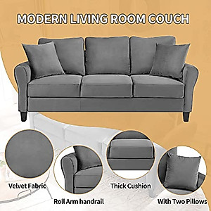 Homtique 3 Seater Couch for Living Room,78 Inches Width Modern Velvet Sofa Comfy Upholstered Couches with 2 Pillows for Office Apartment Bedroom Small Space (Grey)