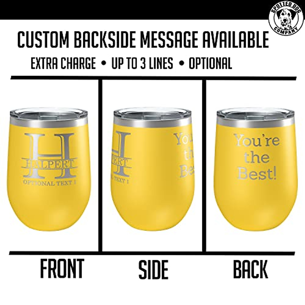 Personalized 12oz (17 Colors) Powder Coated Stainless Steel Stemless Wine Tumbler with Lid, Custom Etched, Customized Gift for Women Her, Wine Lover, Halpert Monogram Initial Name (Yellow)