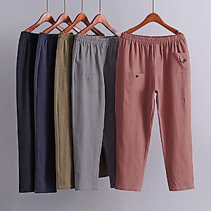 Minibee Women's Elastic Waist Casual Crop Linen Pull On Pants Wine 2XL