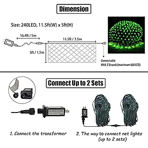 11.5ft x 5ft Solar Green Net Lights St Patricks Day Decorations, 240LED Outdoor Mesh Lights Waterproof 8 Mode with Remote 2 Power Supply String Lights for Bushes Trees Garden Wall Patio Indoor Decor