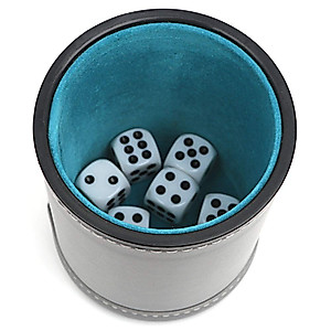Dice Felt Lined PU Leather Dice Cup with 6 Dice, Felt Lined Interior Quiet Shaker for Yahtzee Game (Gray)