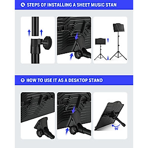 Donner Sheet Music Stand with Light, DMS-1 Portable Metal Music Stand, Tabletop Music Book Stand for Guitar, Ukulele, Violin Players