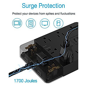 Surge Protector Extension Cord 10 Ft Black, TESSAN Flat Plug Power Strip with 10 Wide-Spaced AC Outlets and 3 USB Ports, 1875W/15A, 1700J Protection, Wall Mount Outlet Strip for Home, Office, School