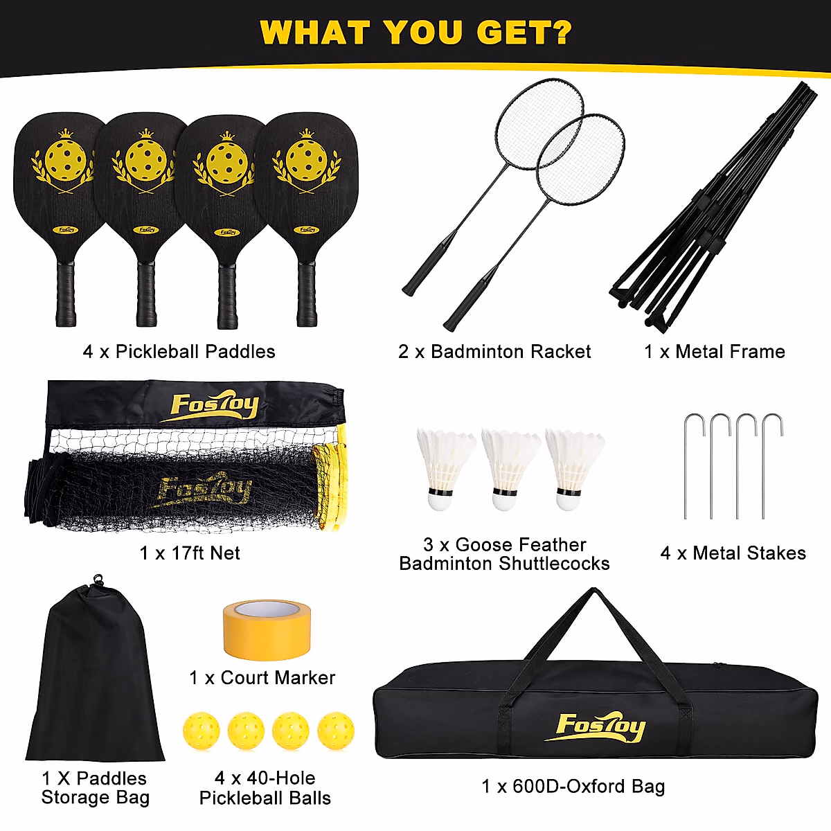 Fostoy Pickleball Set with Net, 17FT Portable Pickleball Net, 36-61in Adjusts All in one Pickleball Badminton Net Set with Pickleball Paddles and Badminton Rackets for All-Weather for Indoor Outdoor
